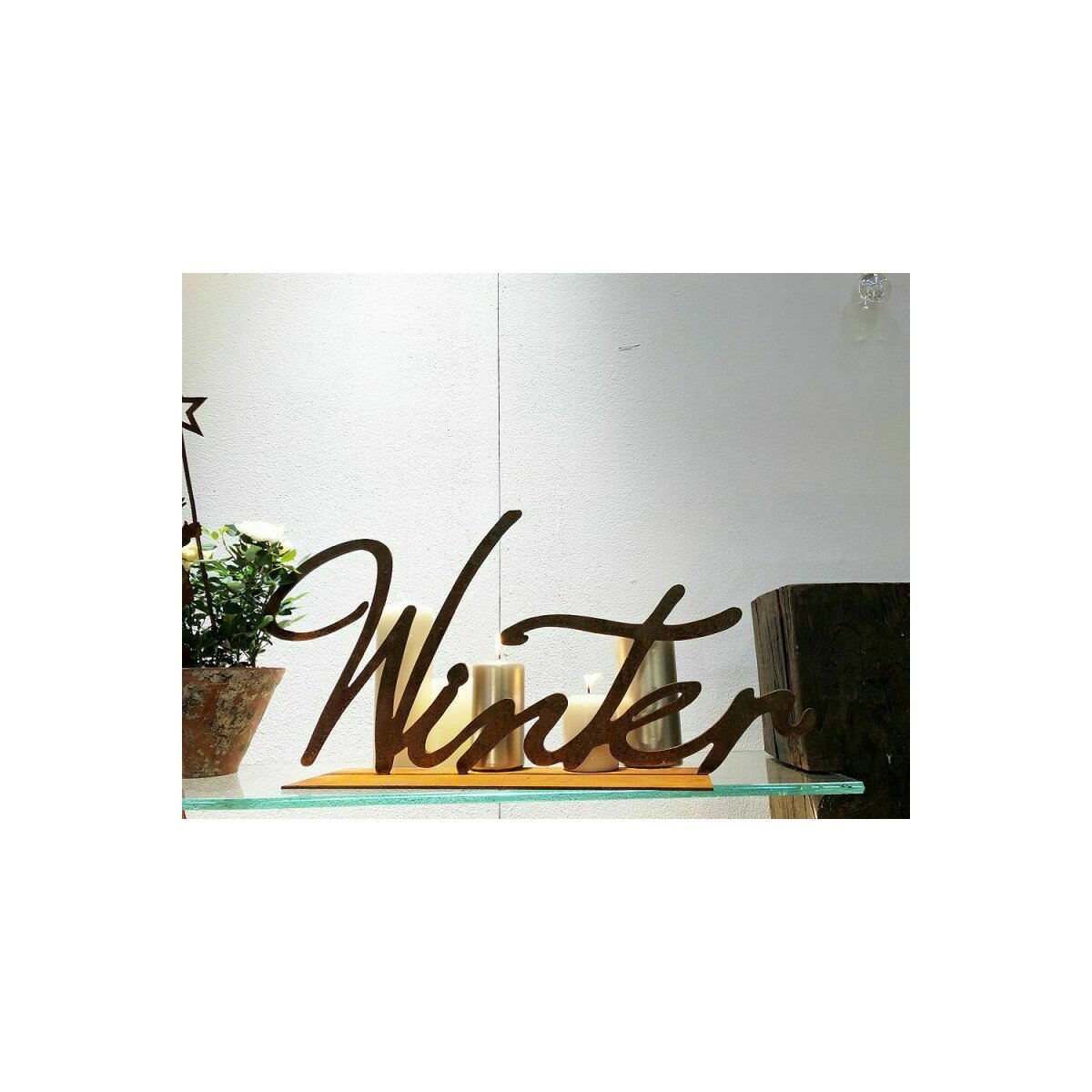 Dekofigur im Rost Design Winter Schriftzug auf Platte - Deko Fensterb ...